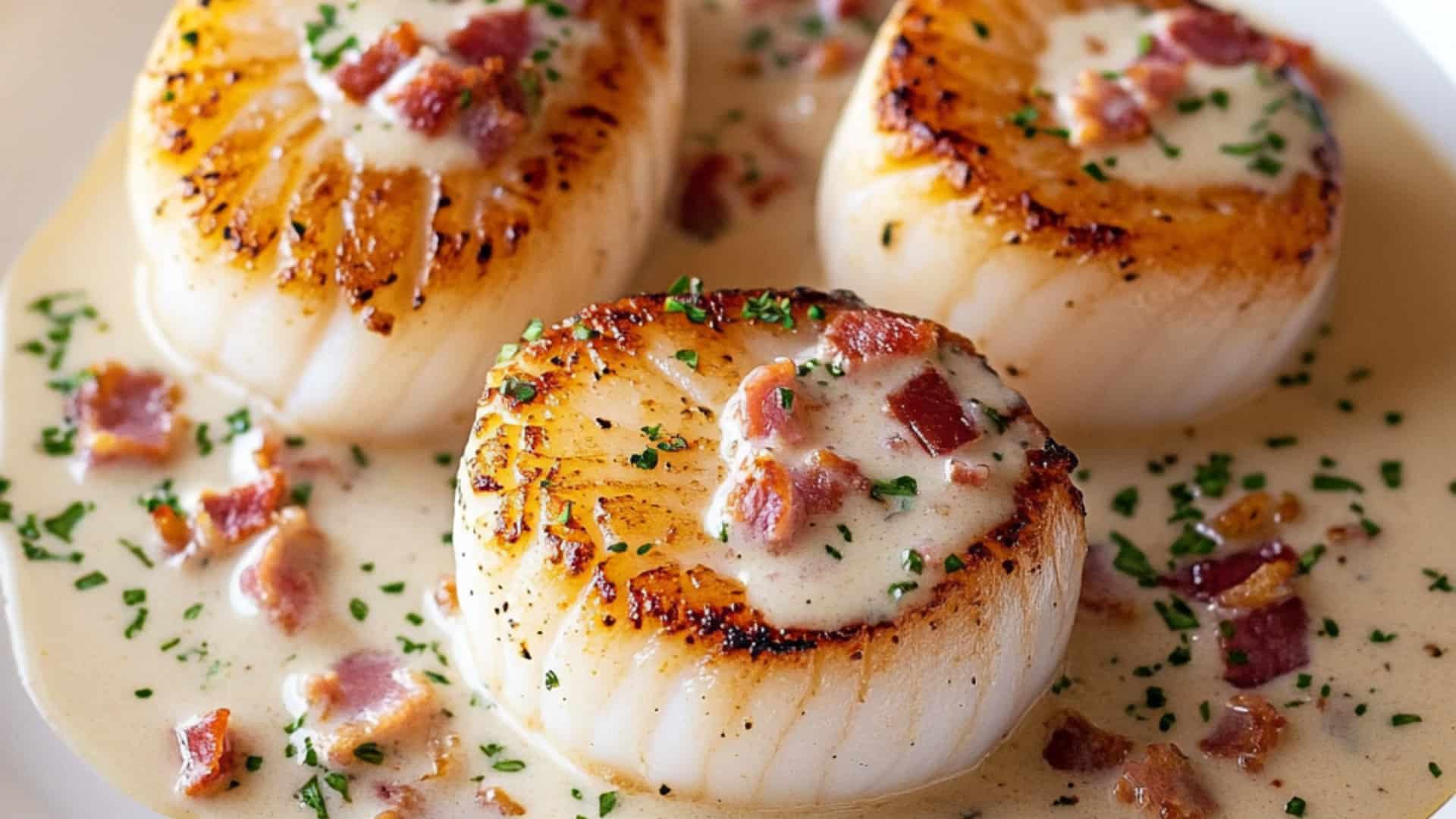 Irresistible Pan Seared Scallops with Turkey Bacon Cream Sauce ...